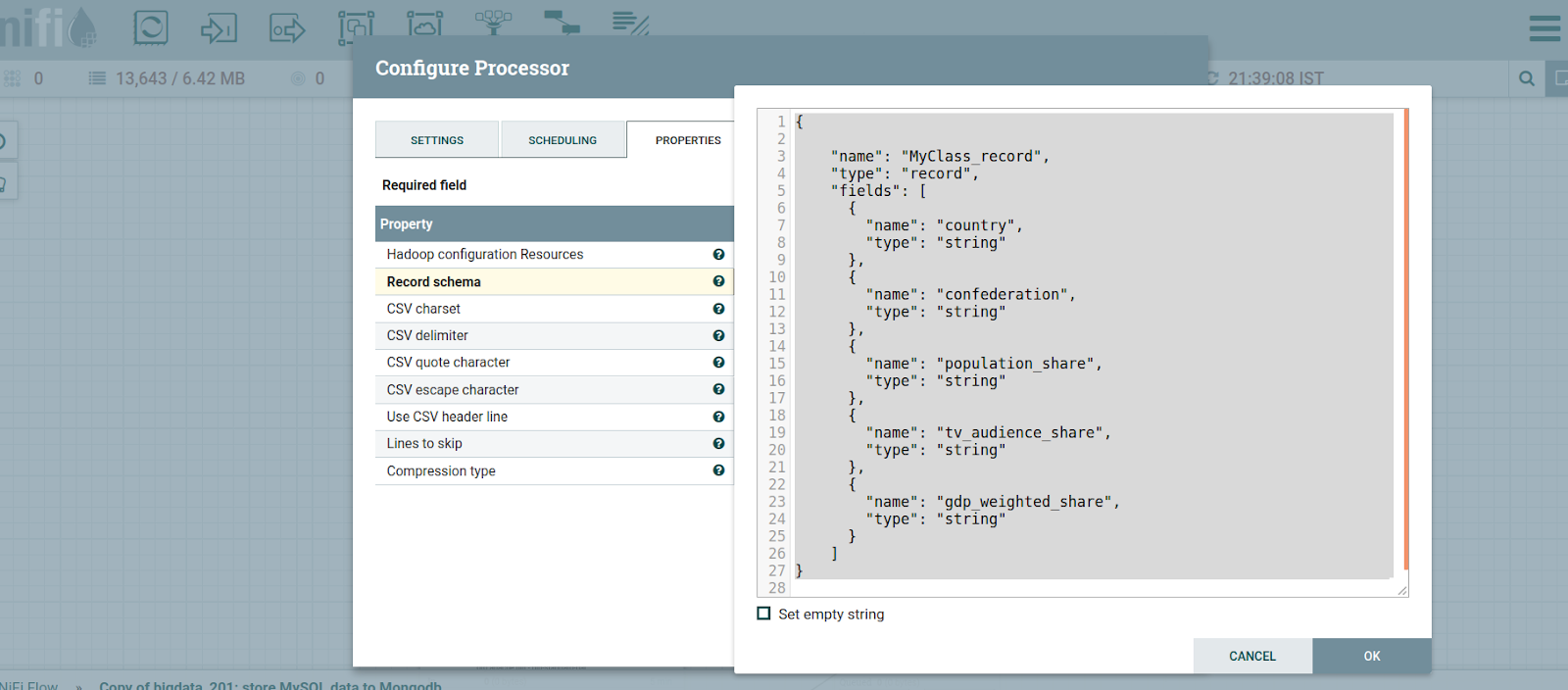 How to store CSV data to MongoDB table in NiFi